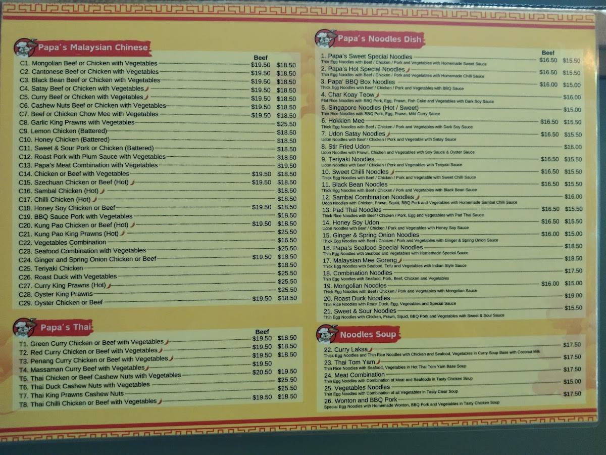 Menu at Papa's Rich Noodle restaurant, Deniliquin