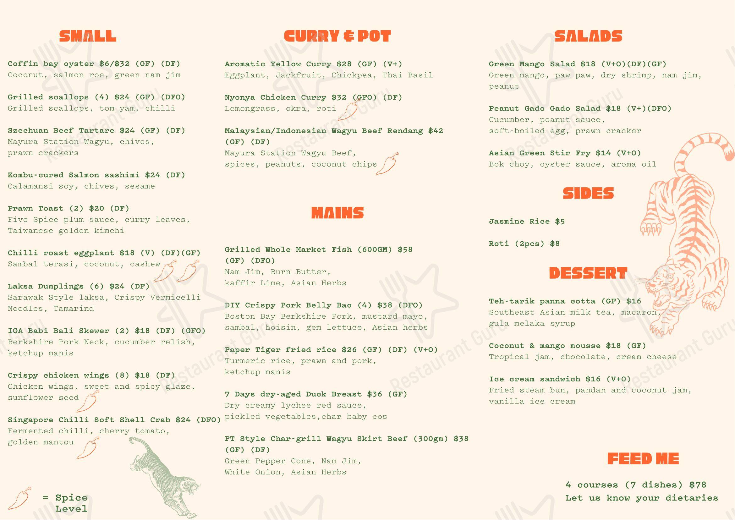 Menu at Paper Tiger restaurant, Adelaide