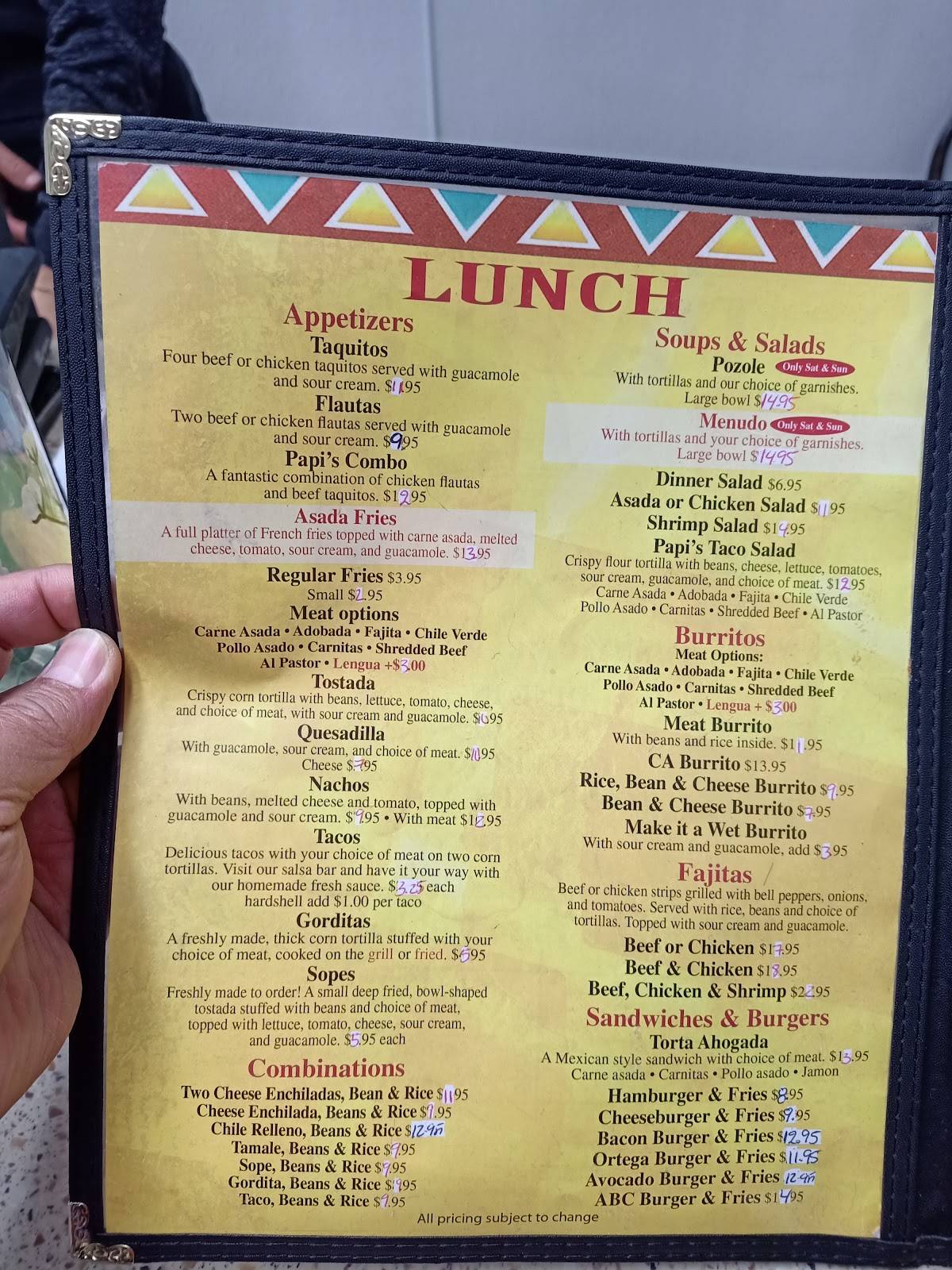 Menu at Papi's restaurant, Paso Robles