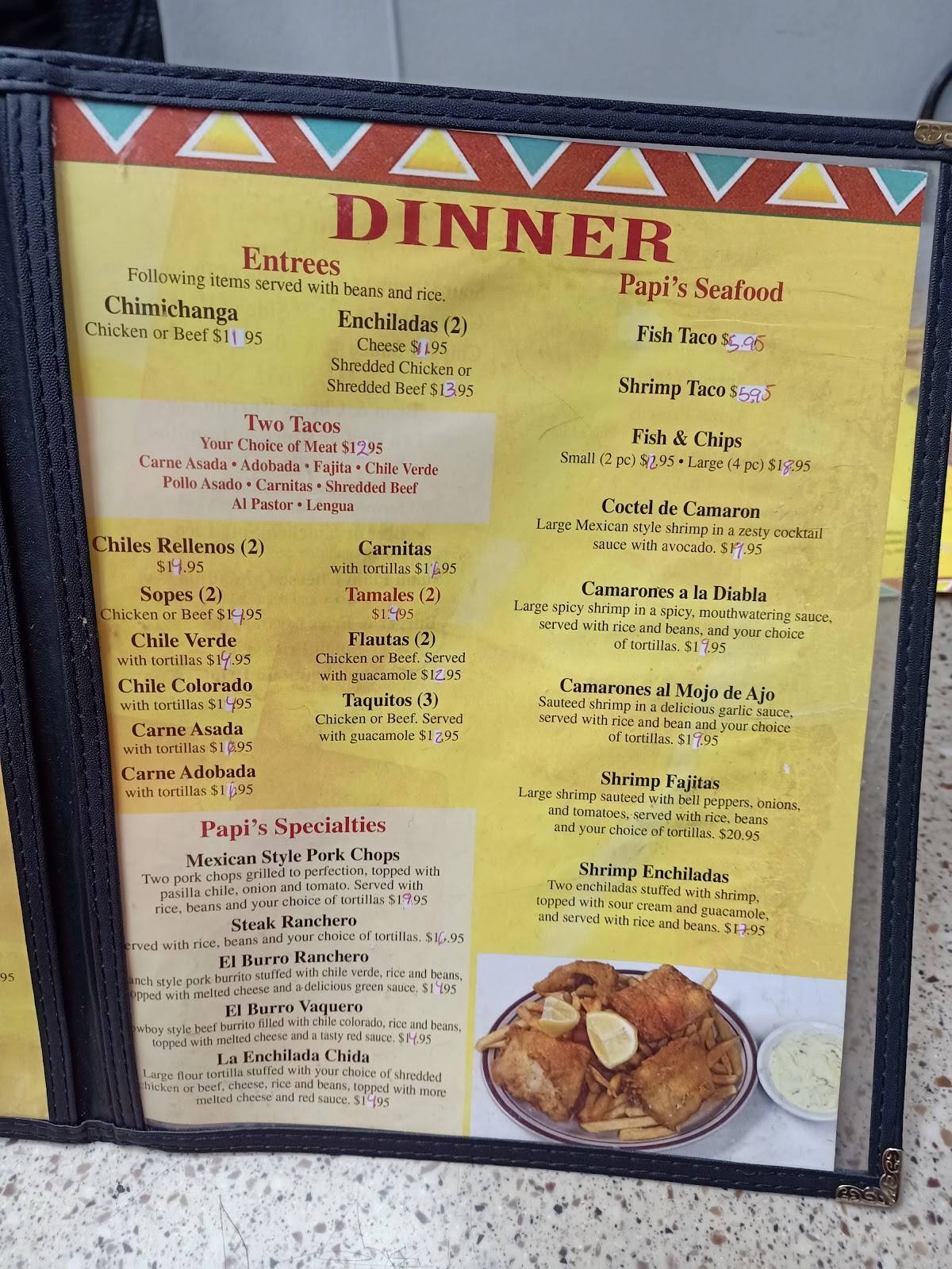 Menu at Papi's restaurant, Paso Robles