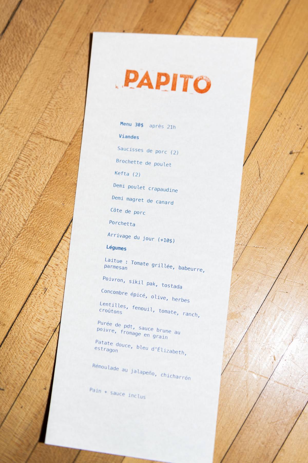 Menu au Papito Restaurant, Montréal