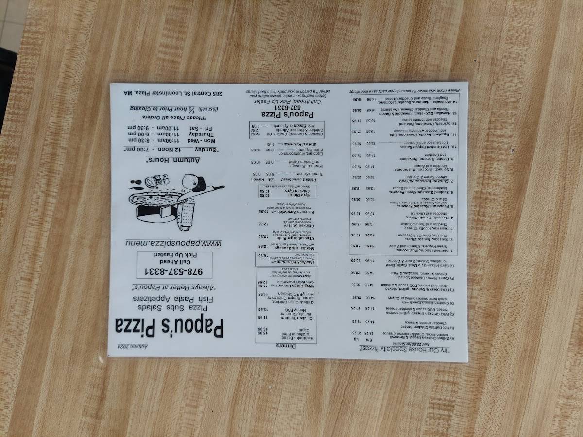 Menu at Papous Pizzas pizzeria, Leominster