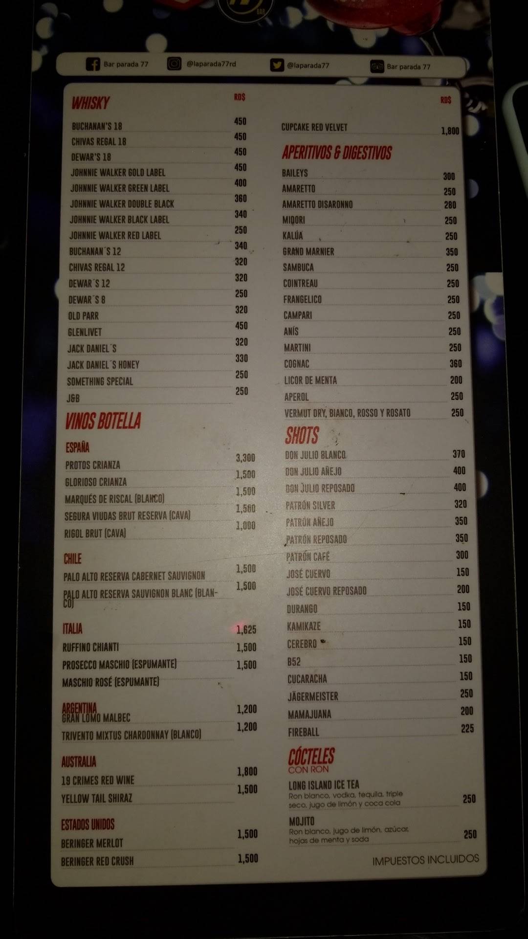Carta del pub y bar Parada 77, Santo Domingo