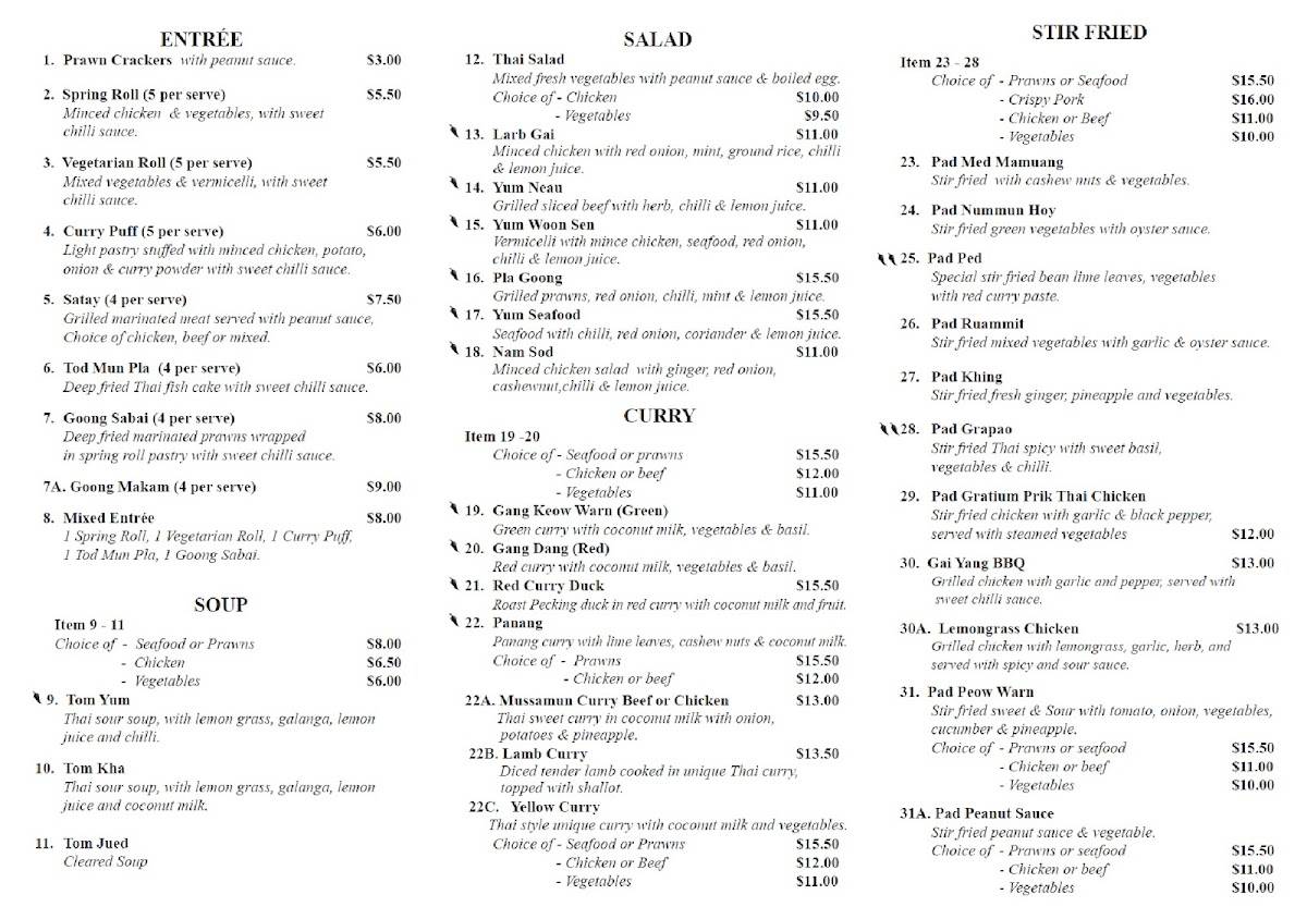 Menu at Paradai 2 Thai Restaurant, Carnegie
