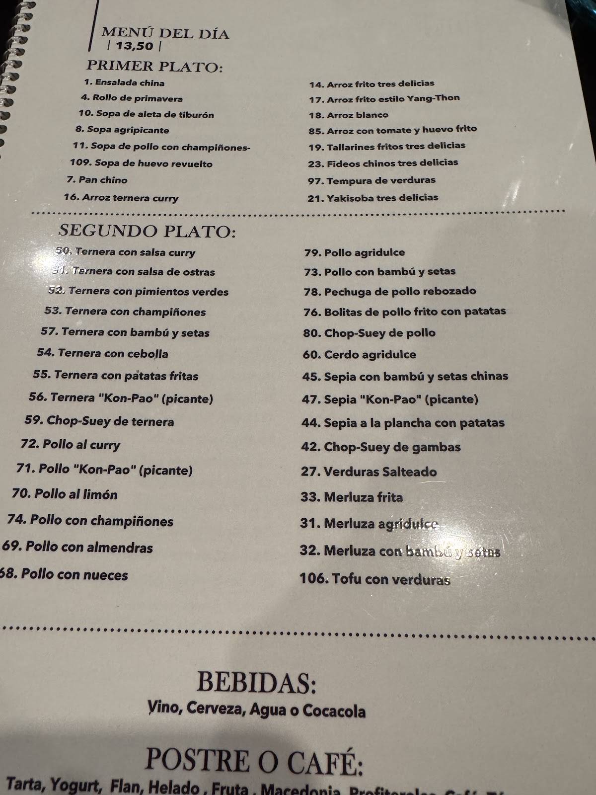 Carta del restaurante Paraíso Oriental, Barcelona