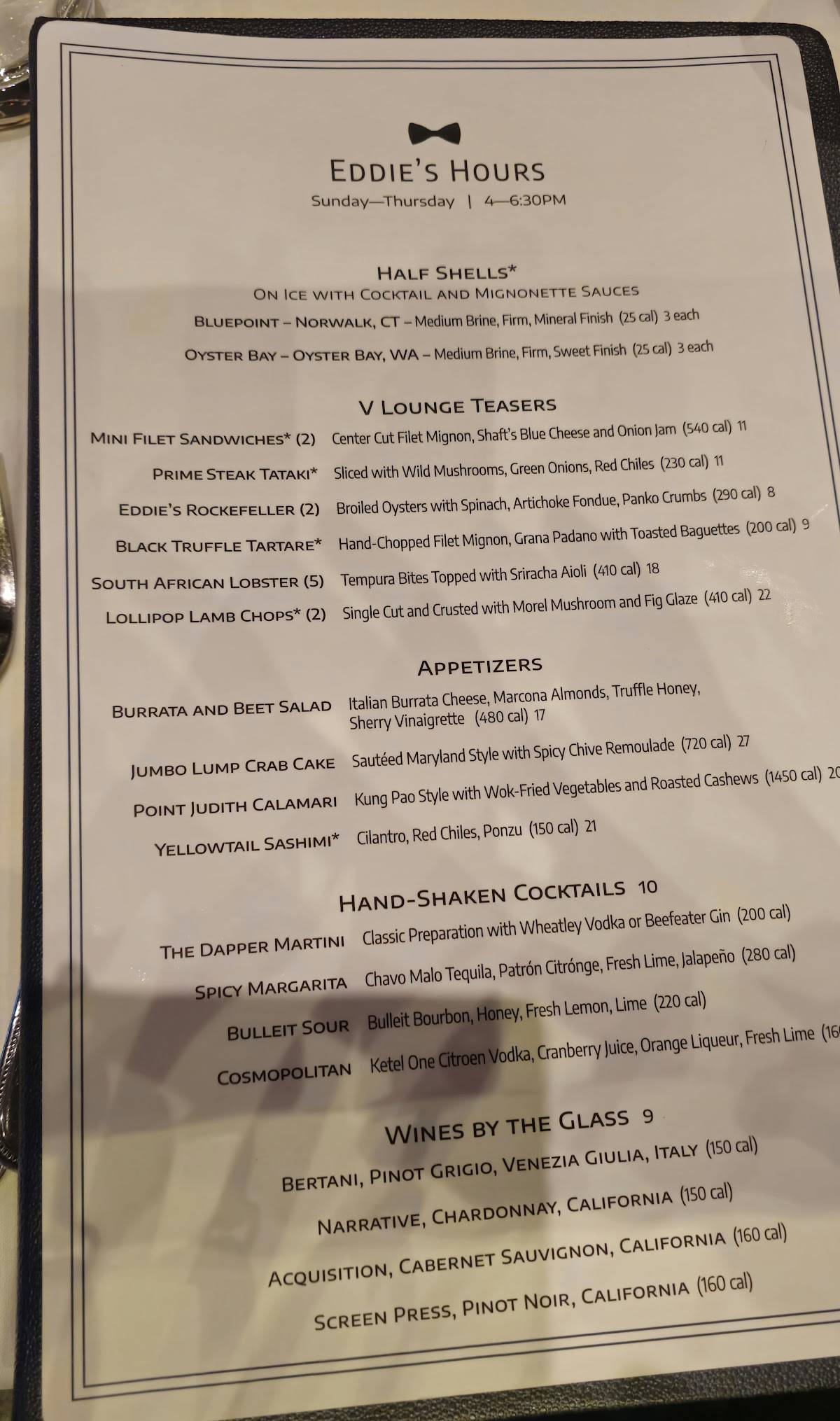 Menu at Eddie V's Prime Seafood steakhouse, Paramus