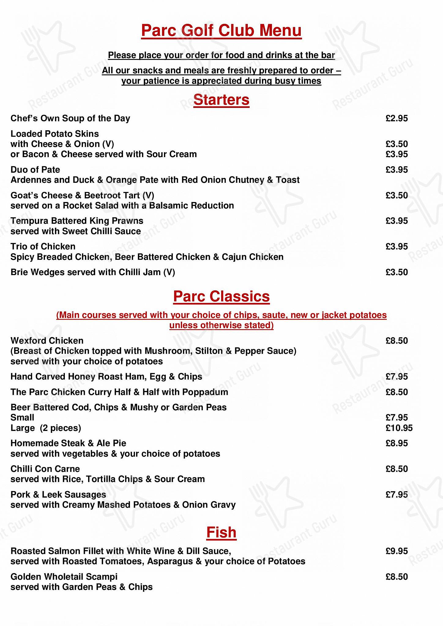 Menu at Parc Golf Club., England