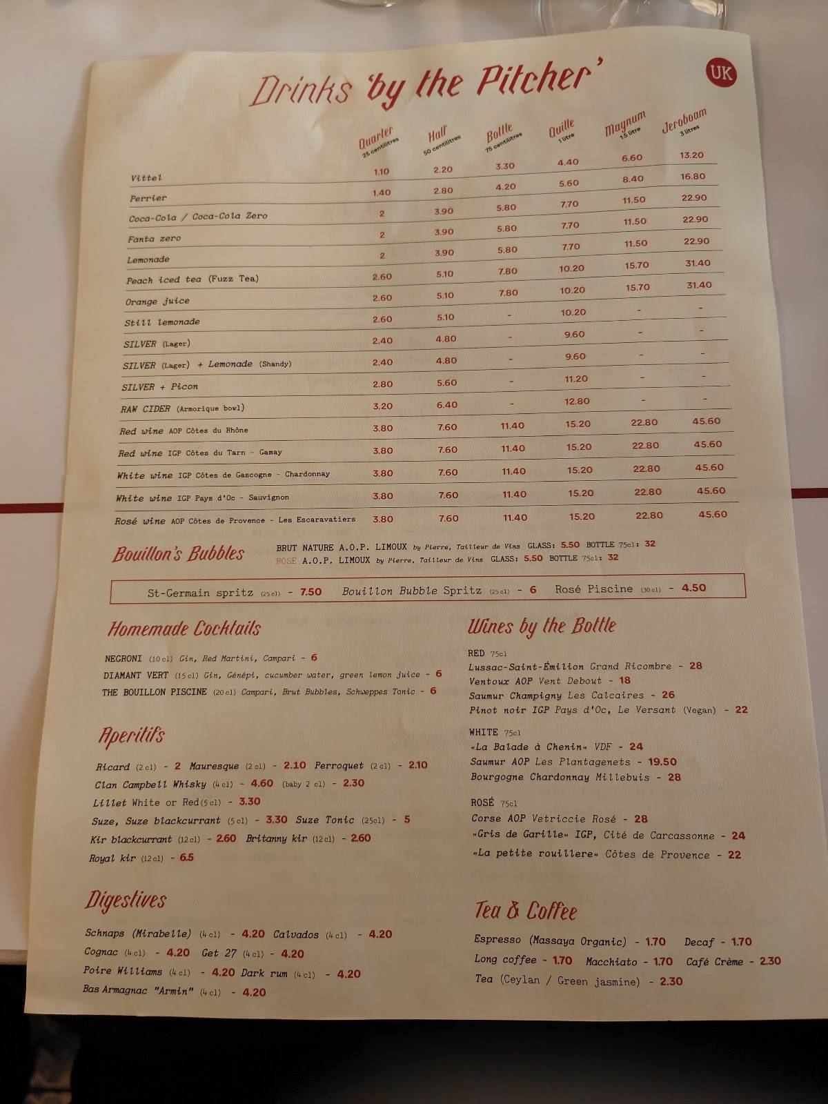 Menu au Bouillon République, Paris