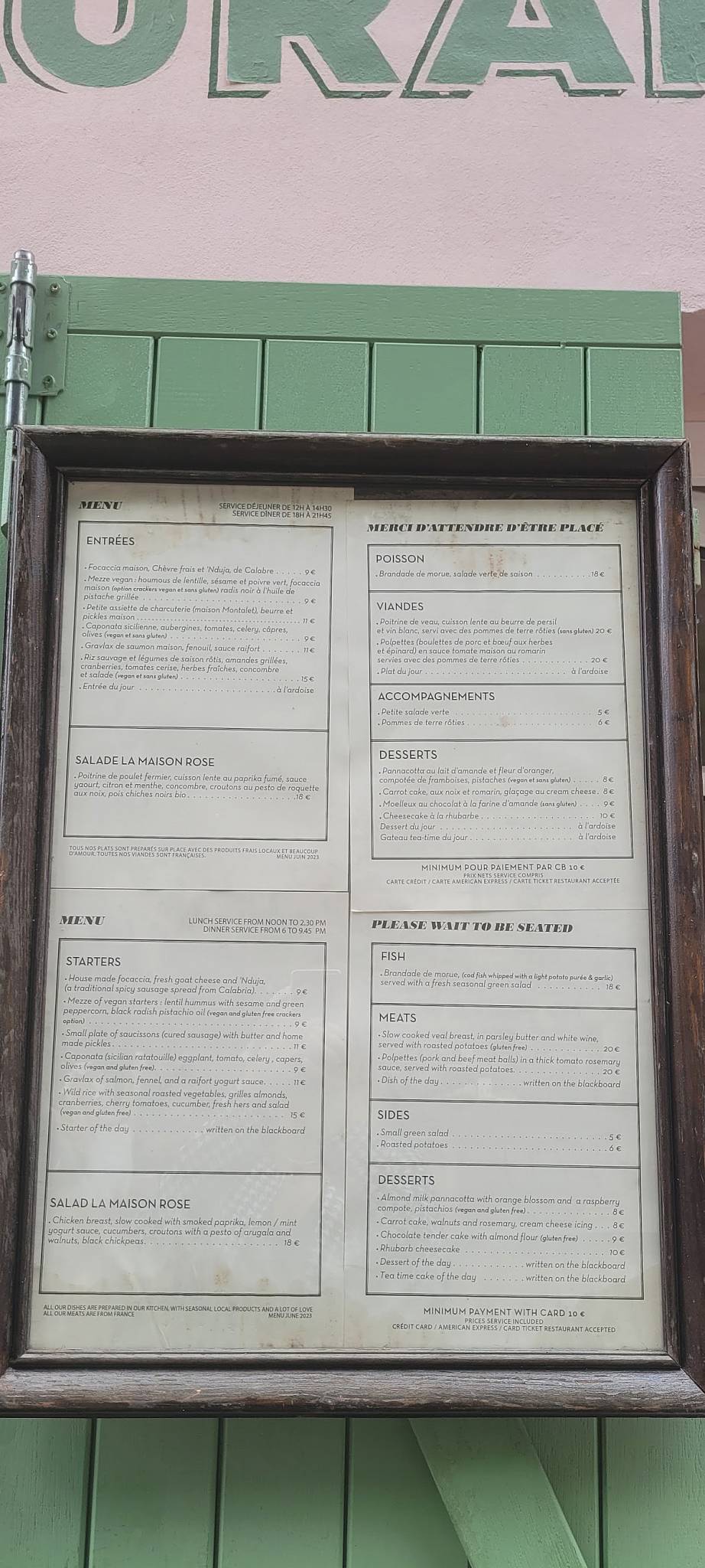 Menu at La Maison Rose restaurant, Paris, 2 Rue de l'Abreuvoir