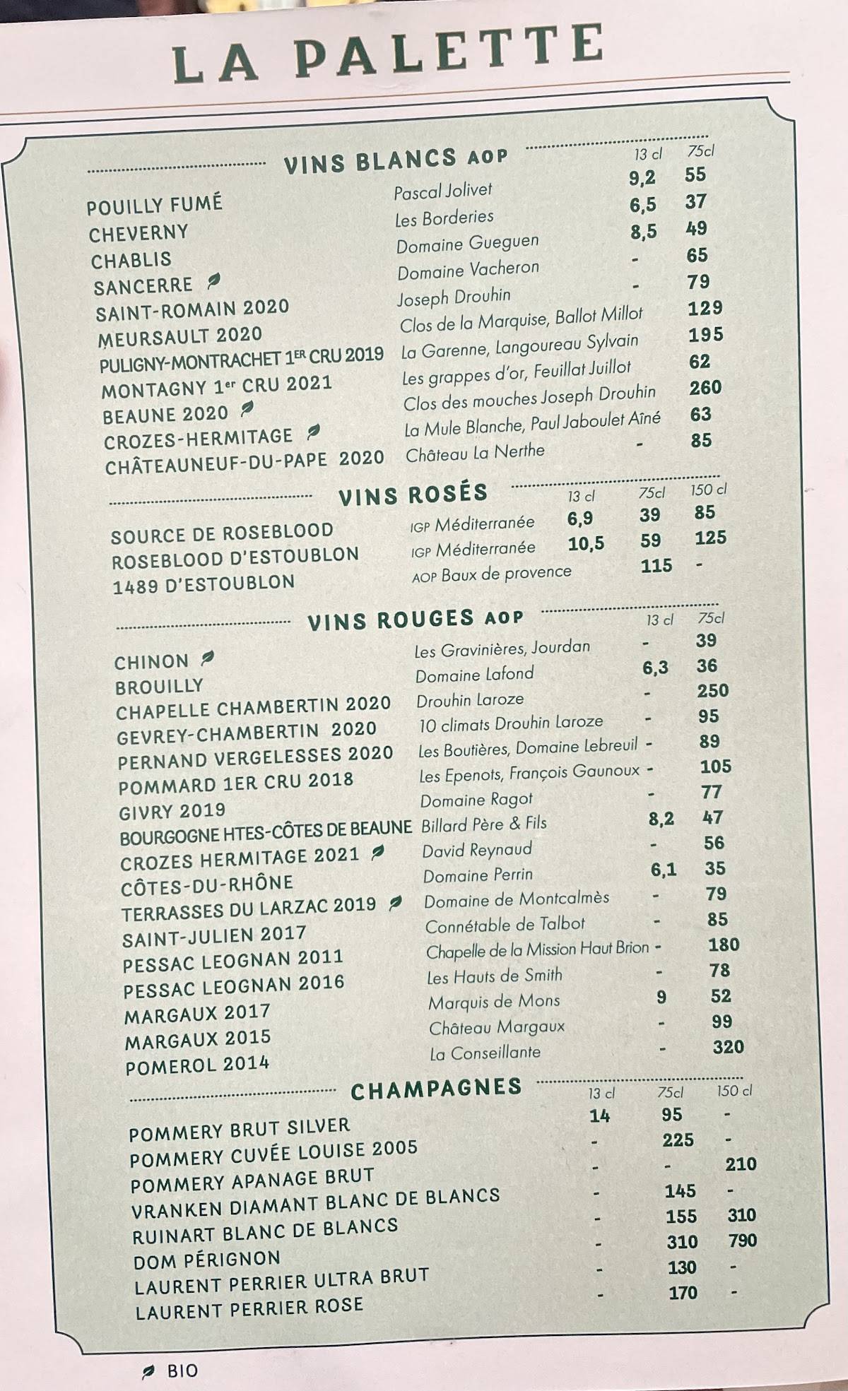 Menu at La Palette restaurant, Paris, 43 Rue de Seine