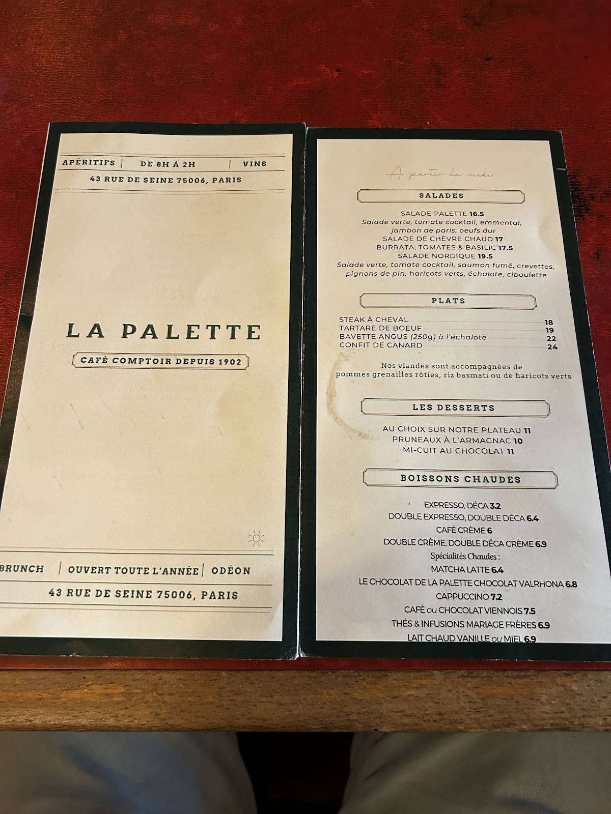 Menu at La Palette restaurant, Paris, 43 Rue de Seine