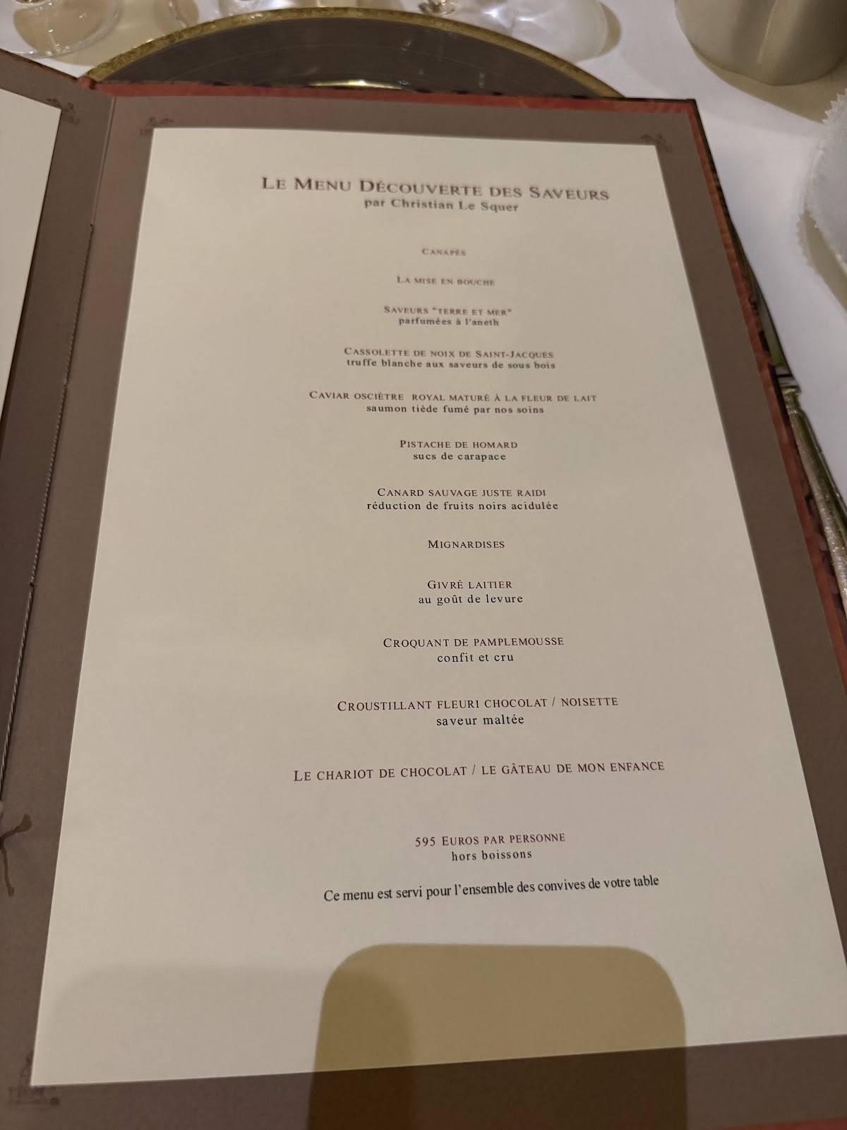 Menu at Le Cinq restaurant, Paris, 31 Av. George V