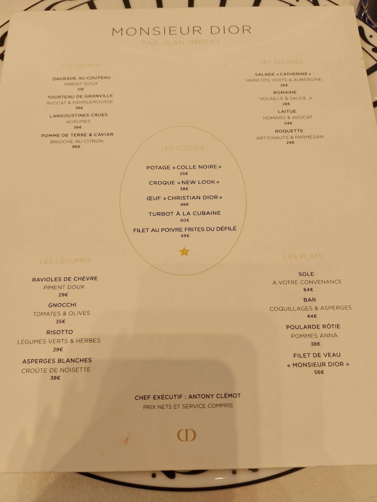 Menu at Restaurant Monsieur Dior, Paris