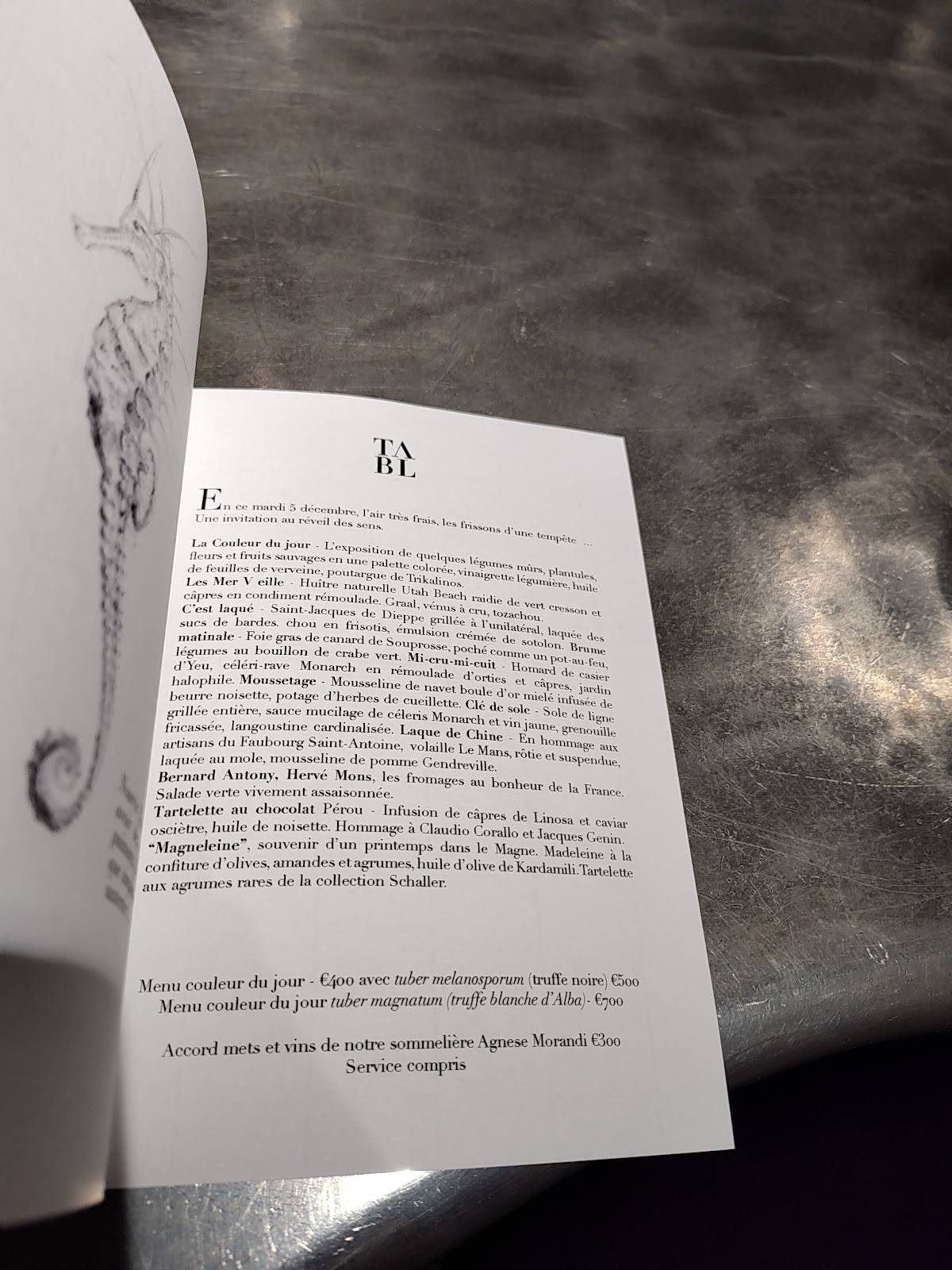 Menu at Table Bruno Verjus restaurant, Paris, 3 R. de Prague