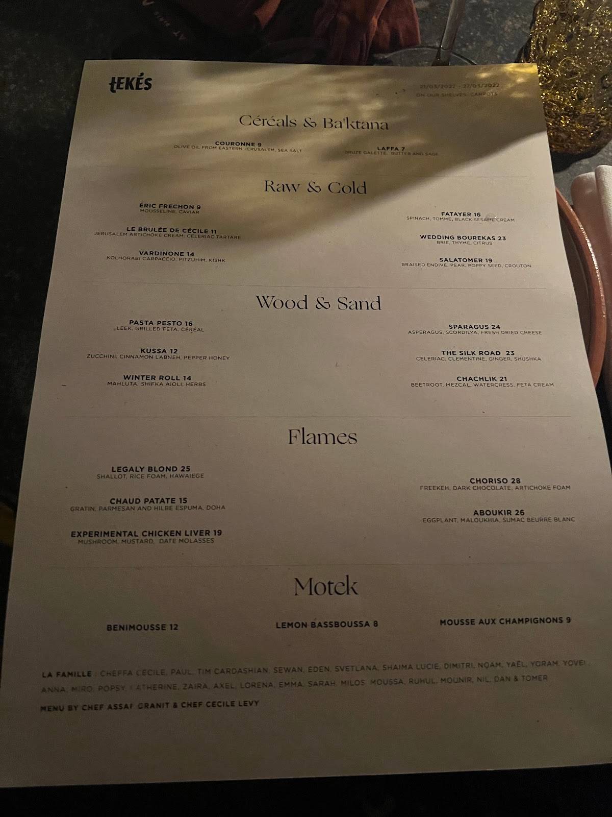 Menu au Tekés restaurant, Paris