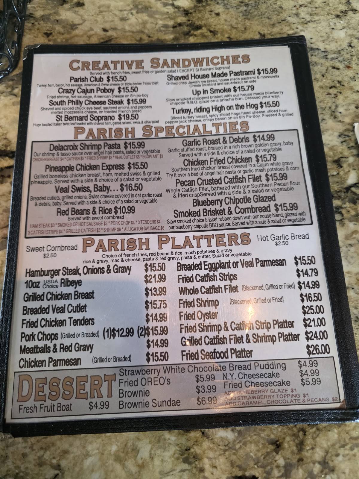 Menu at Parish Diner restaurant, Chalmette