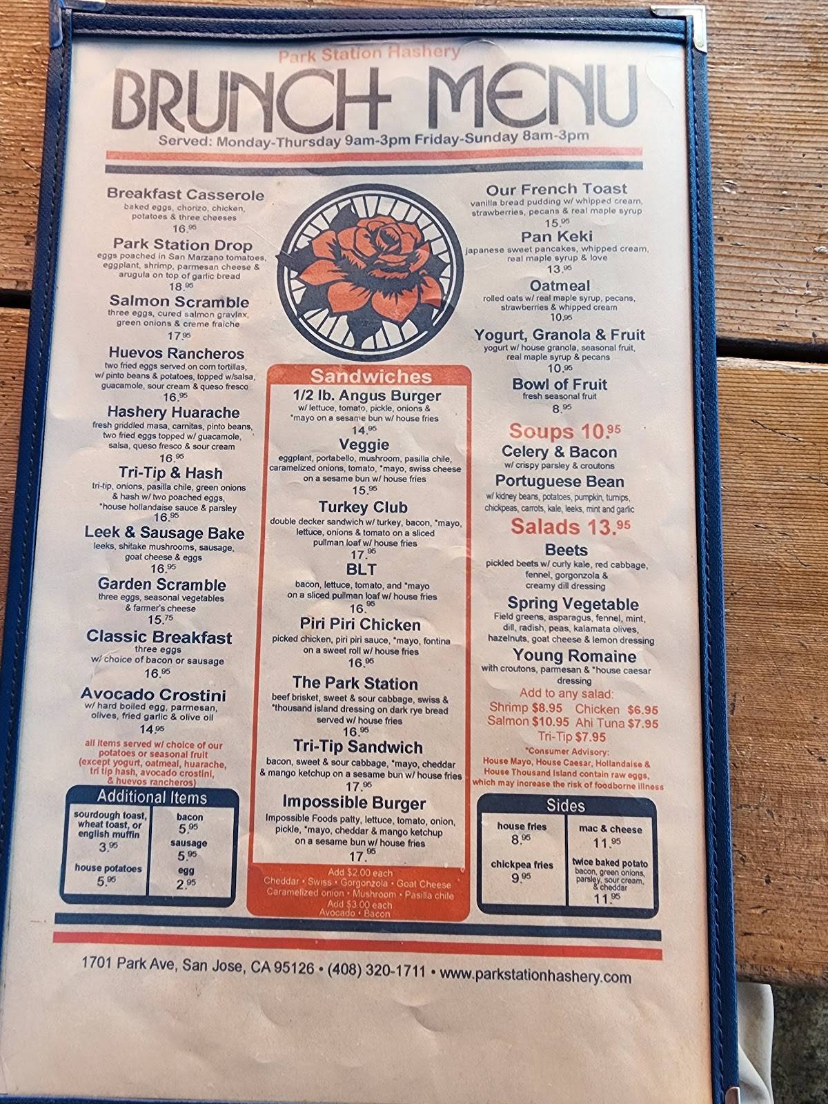 Menu at Park Station Hashery restaurant, San Jose