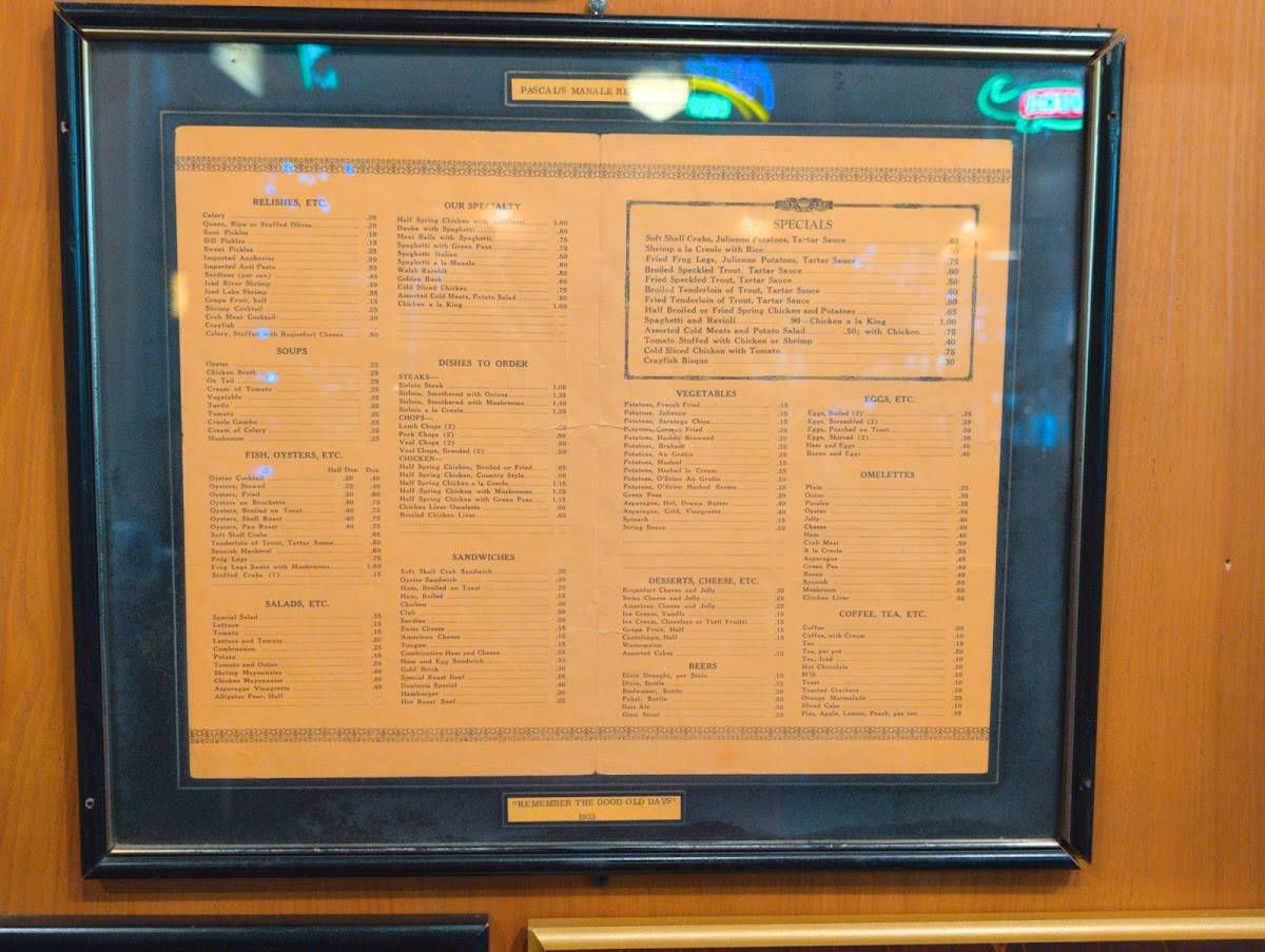 Menu at Pascal's Manale by Dickie Brennan & Co. pub & bar, New Orleans