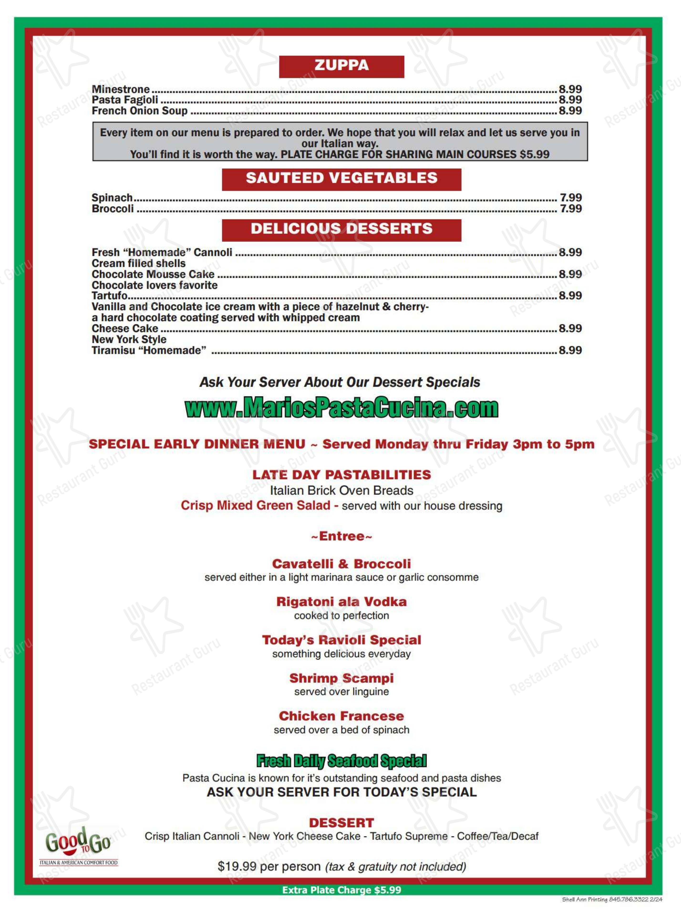 Menu at Pasta Cucina of Stony Point NY restaurant, Stony Point