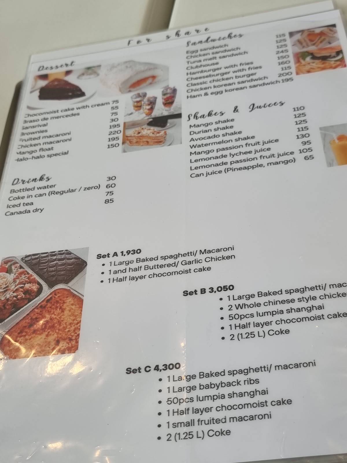 Menu at Pasta Sorpresa restaurant, Davao City, Loreto