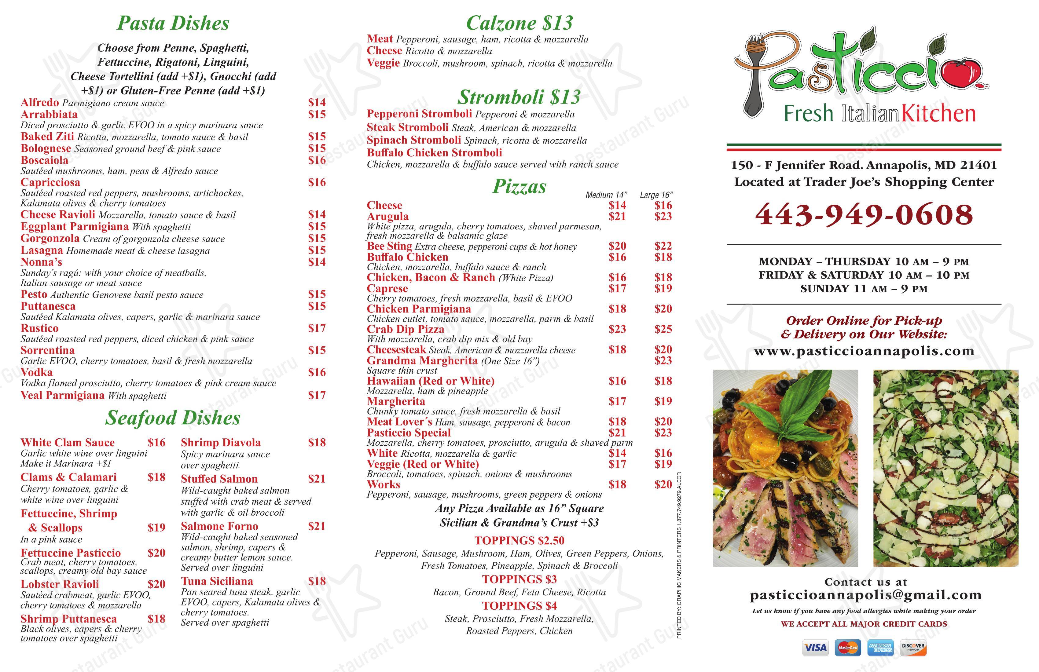Menu at Pasticcio Fresh Italian kitchen pizzeria, Annapolis