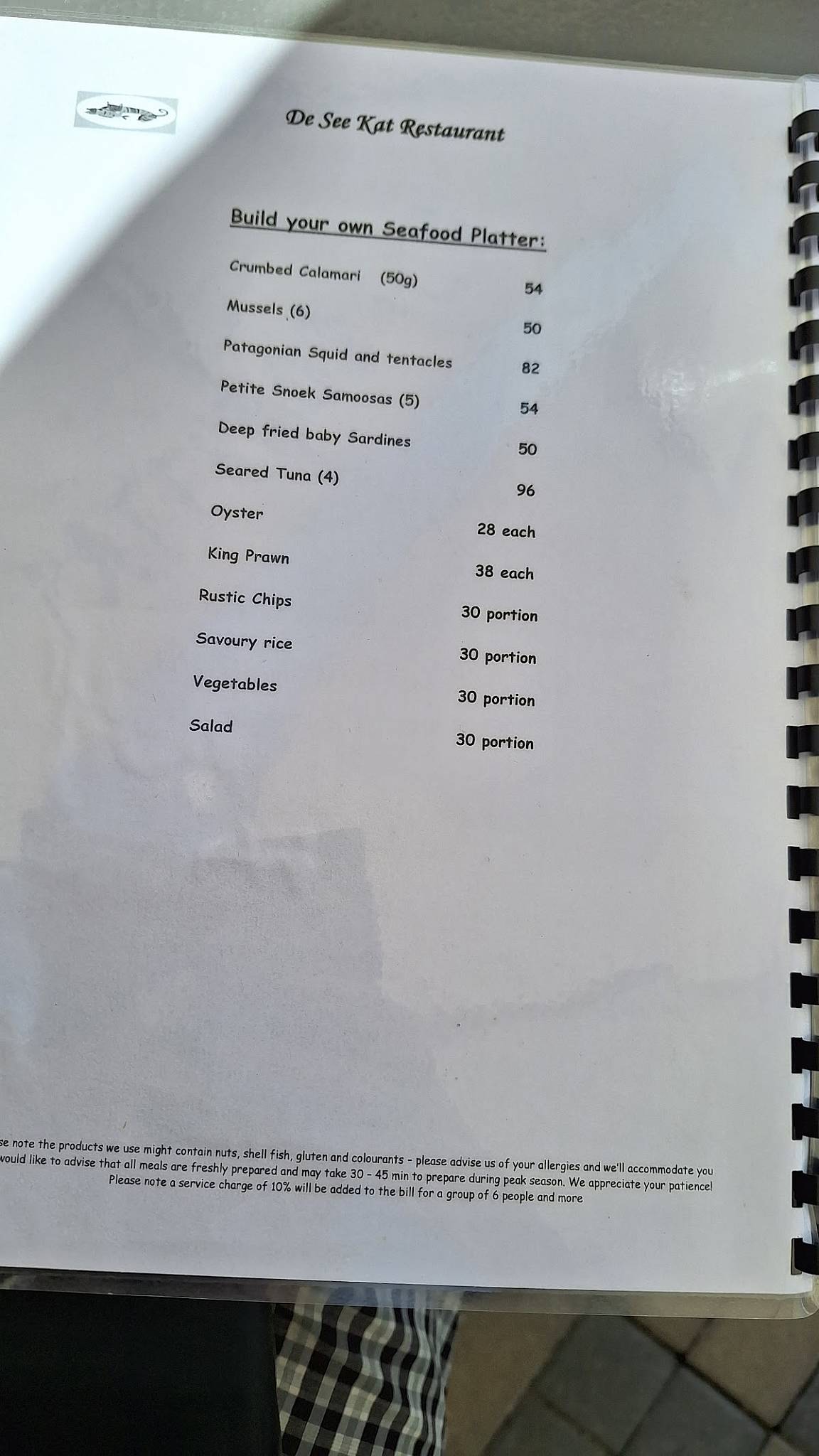 Menu at De See Kat Restaurant, Paternoster