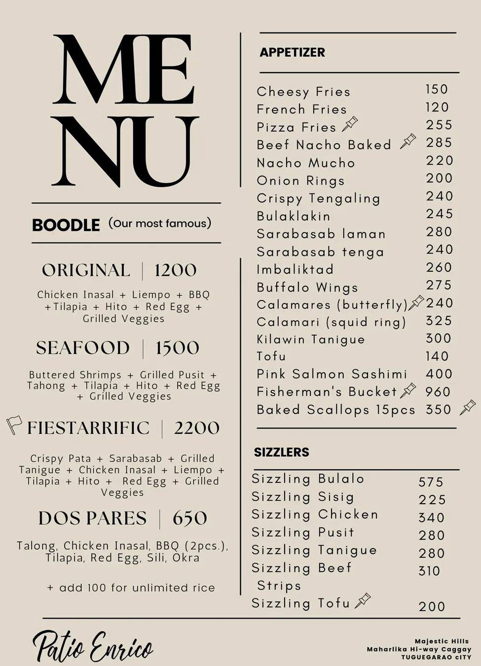 Menu at Patio Enrico restaurant, Tuguegarao City, JQP2+HF3