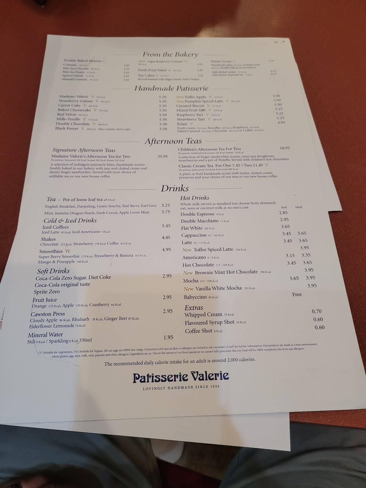Menu at Patisserie Valerie cafe, Cambridge, 1-2 Bridge St