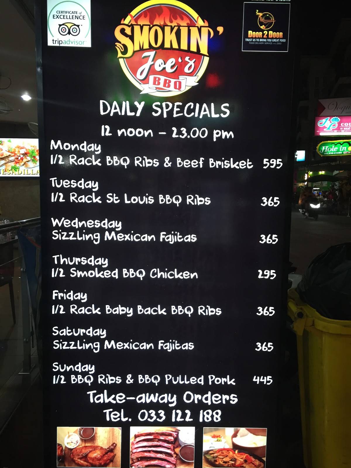 Menu at Smokin Joe's BBQ, Pattaya City