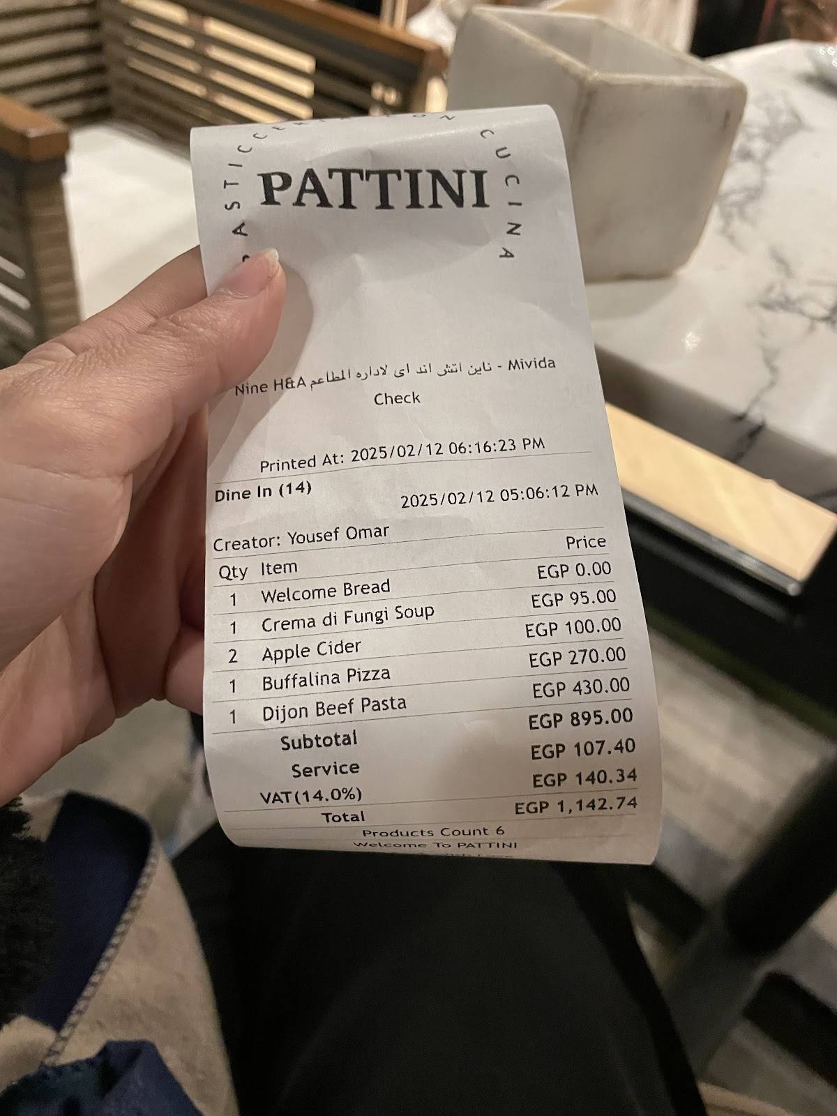 Menu at Pattini restaurant, New Cairo City