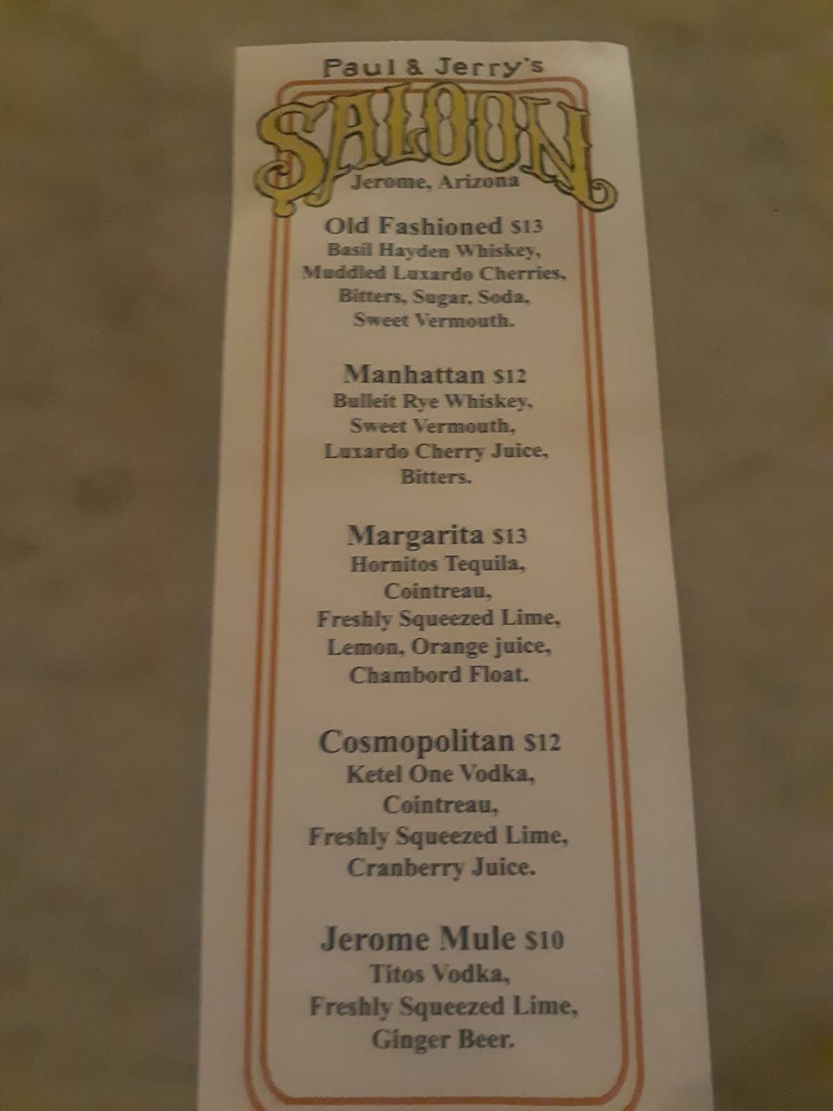 Menu at Paul & Jerrys Saloon pub & bar, Jerome