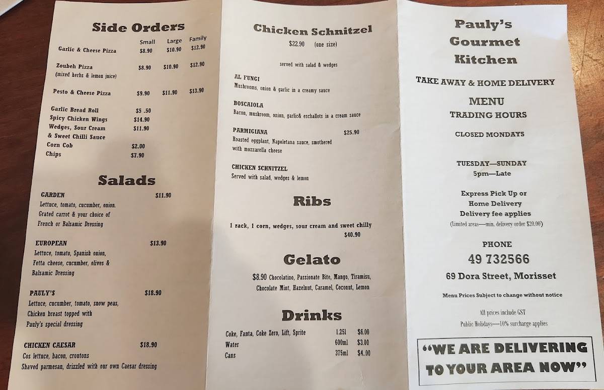 Menu at Pauly's Gourmet Kitchen restaurant, Morisset
