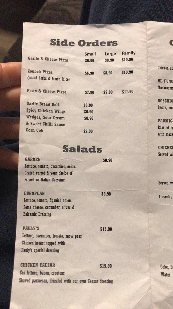Menu at Pauly's Gourmet Kitchen restaurant, Morisset