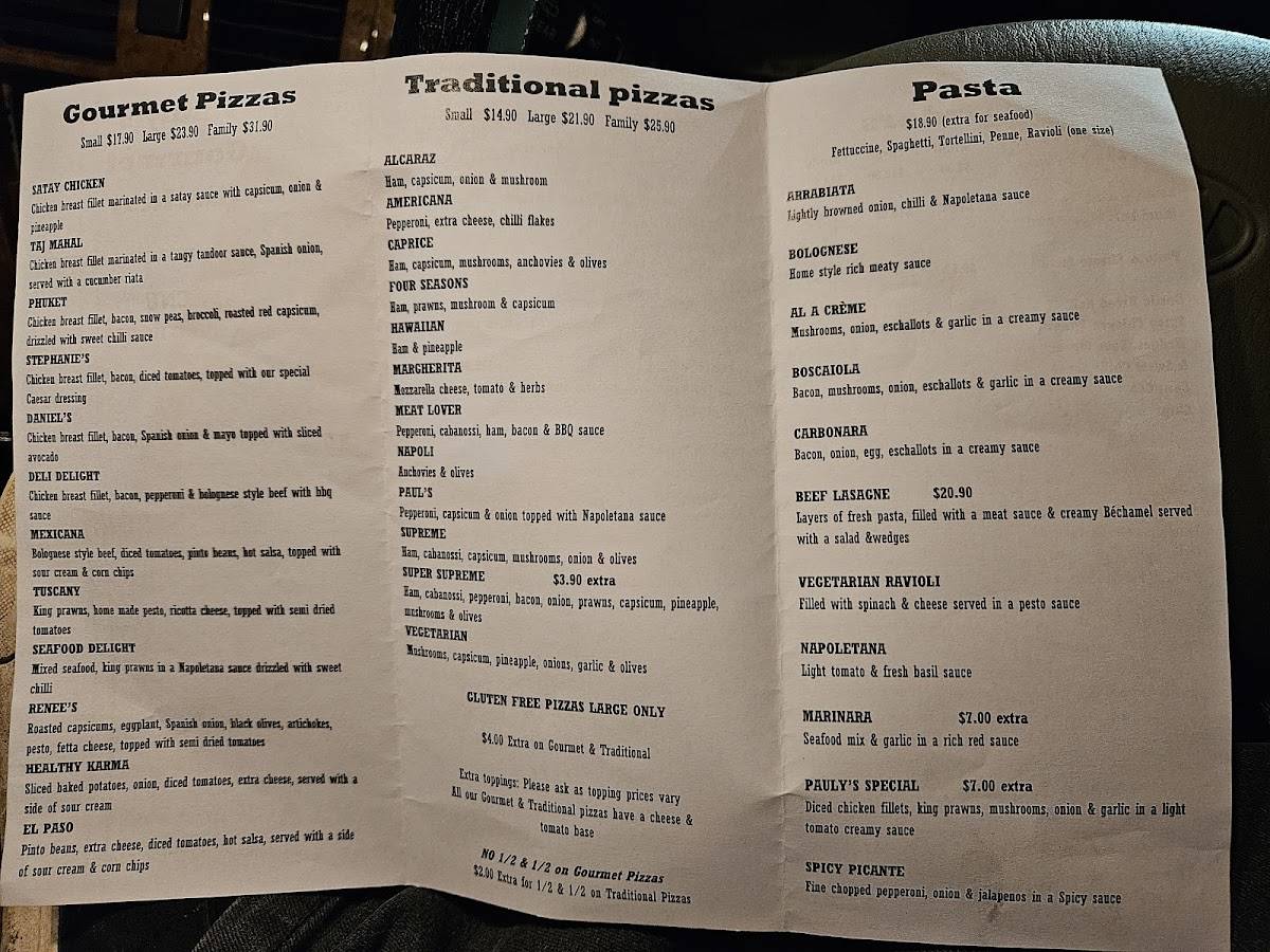 Menu at Pauly's Gourmet Kitchen restaurant, Morisset