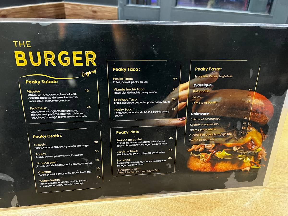 Menu au Peaky Burger restaurant, Agadir