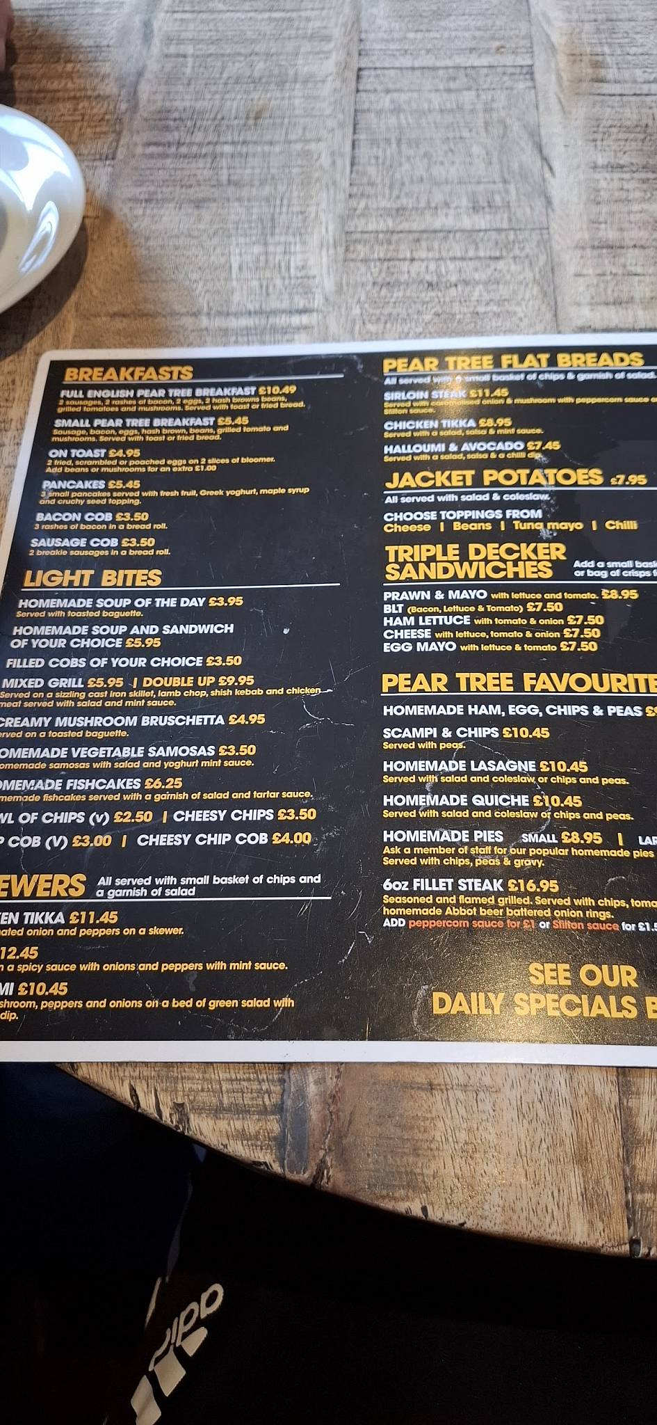 Carta del pub y bar Pear Tree Hotel Ripley, Ripley