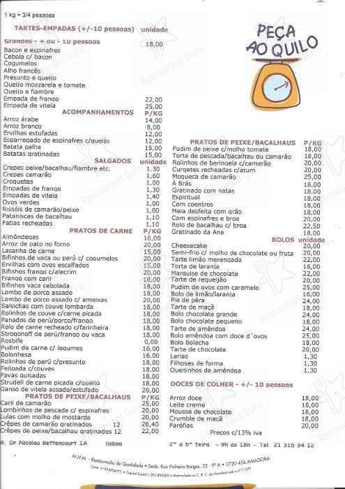 Menu at Peça Ao Quilo restaurant, Lisbon