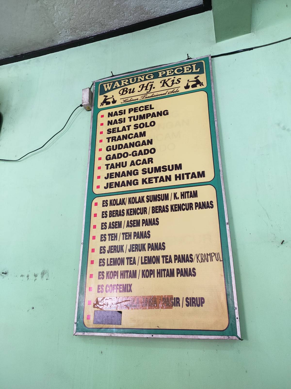 Menu at Pecel Bu Kis Sumber restaurant, Surakarta