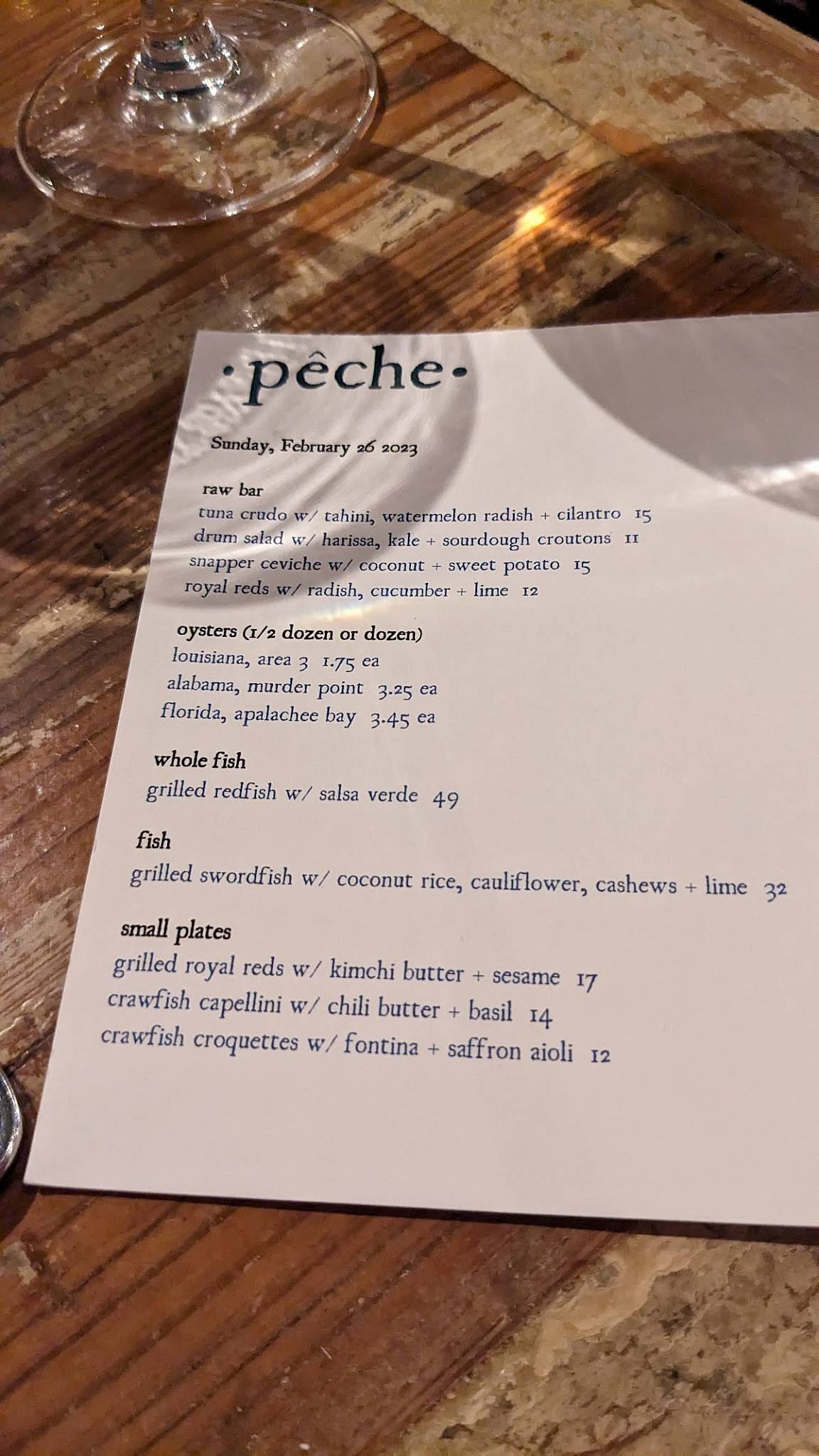 Menu at Pêche Seafood Grill restaurant, New Orleans