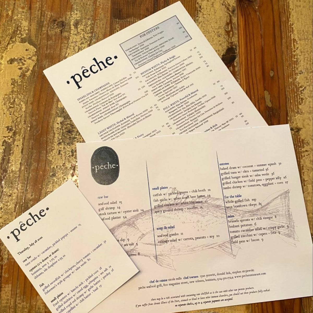 Menu at Pêche Seafood Grill restaurant, New Orleans