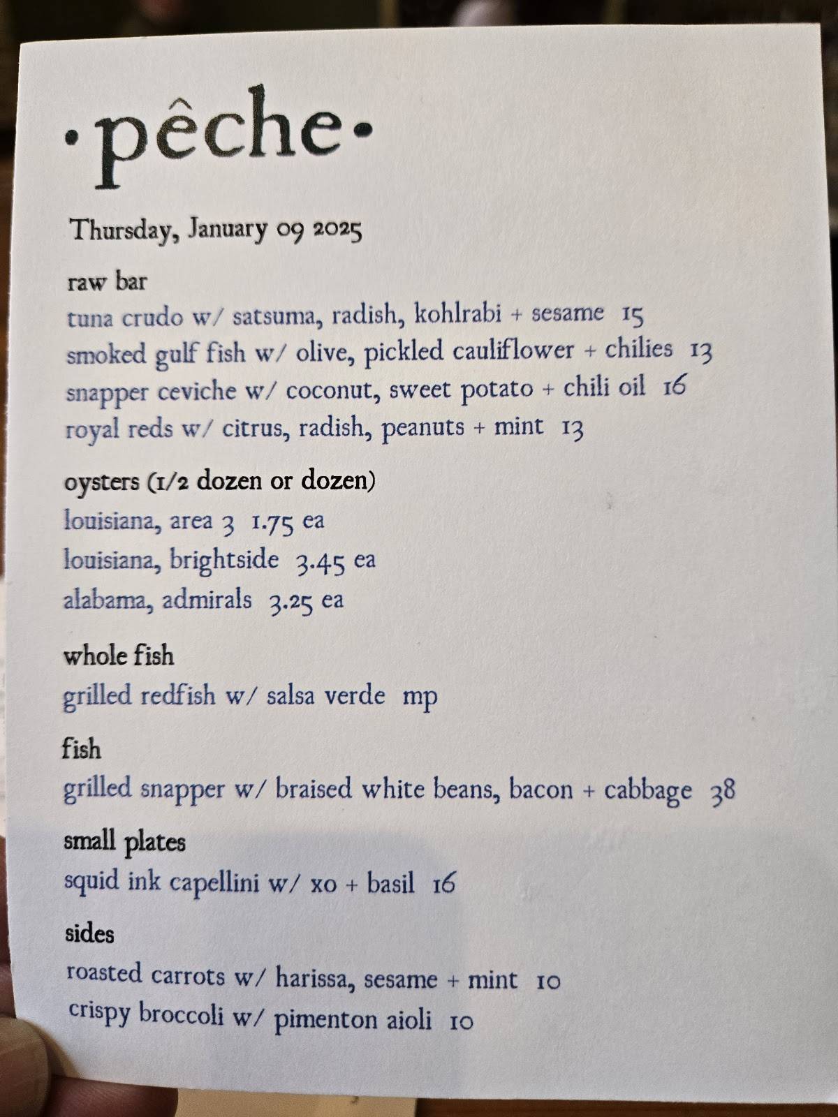 Menu at Pêche Seafood Grill restaurant, New Orleans