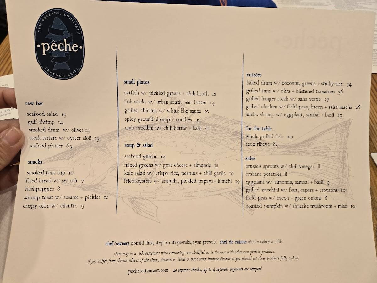 Menu at Pêche Seafood Grill restaurant, New Orleans