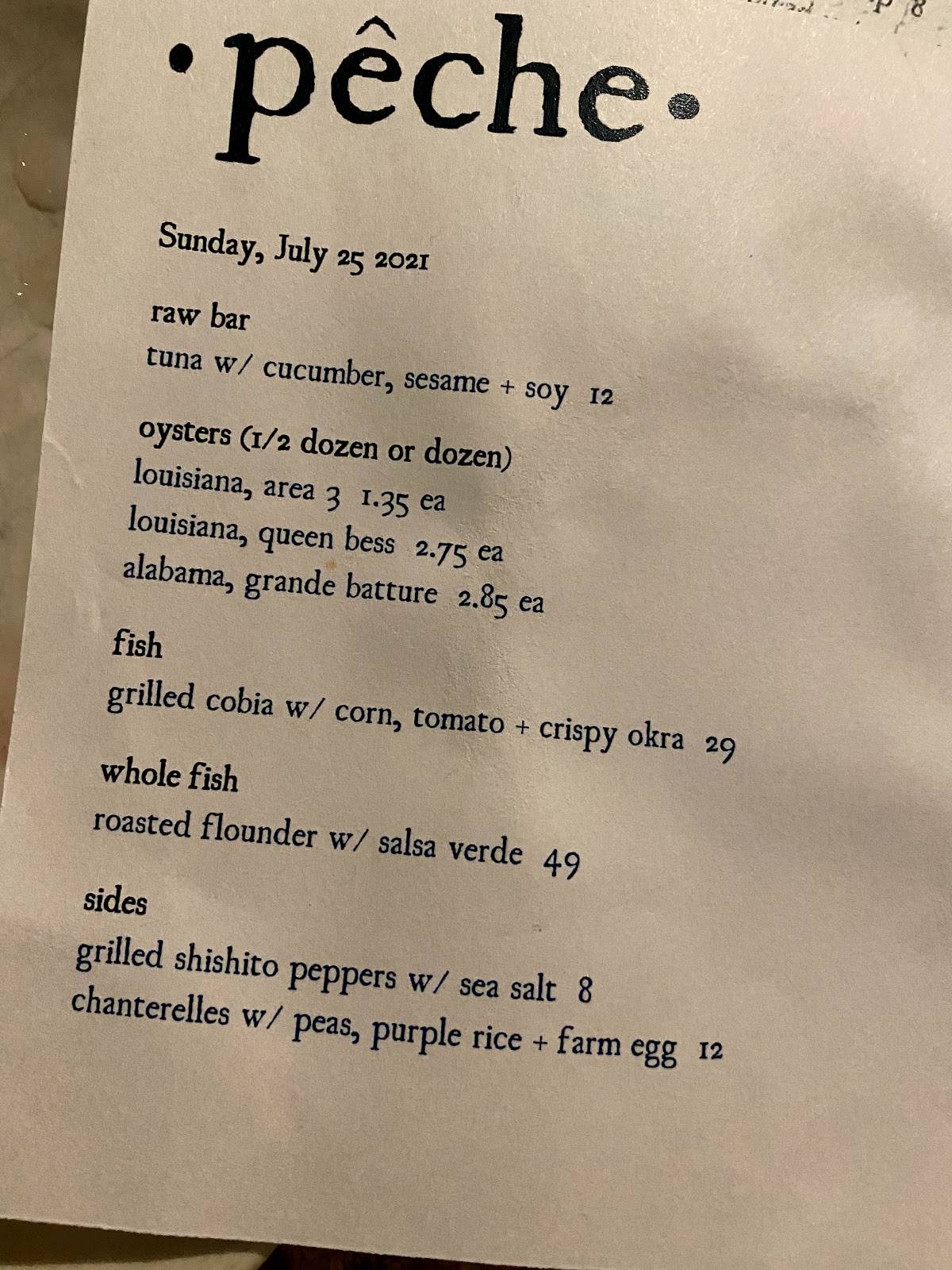 Menu at Pêche Seafood Grill restaurant, New Orleans
