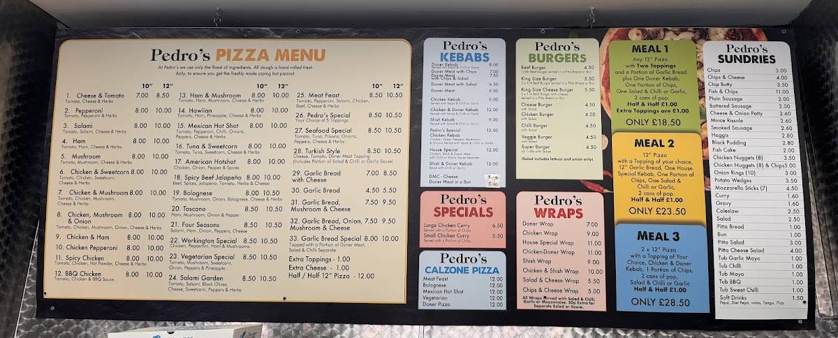 Menu at Pedro's Workington fast food, Workington
