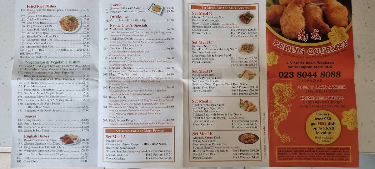 Menu at Peking Gourmet fast food, Southampton