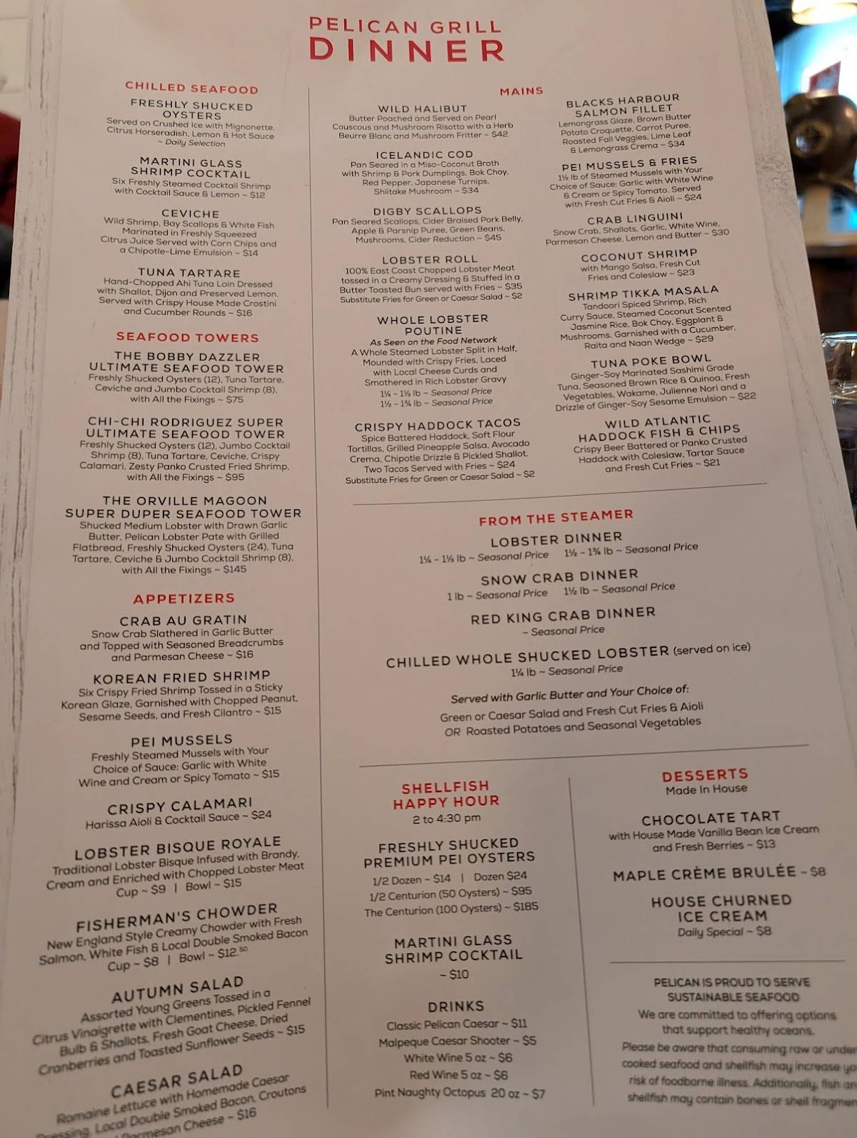 Menu at Pelican Seafood Market & Grill restaurant, Ottawa