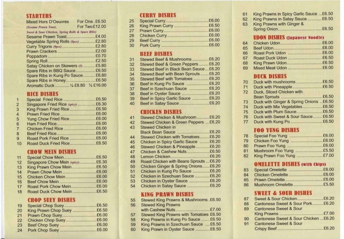 Menu at Spring Garden restaurant, Penarth