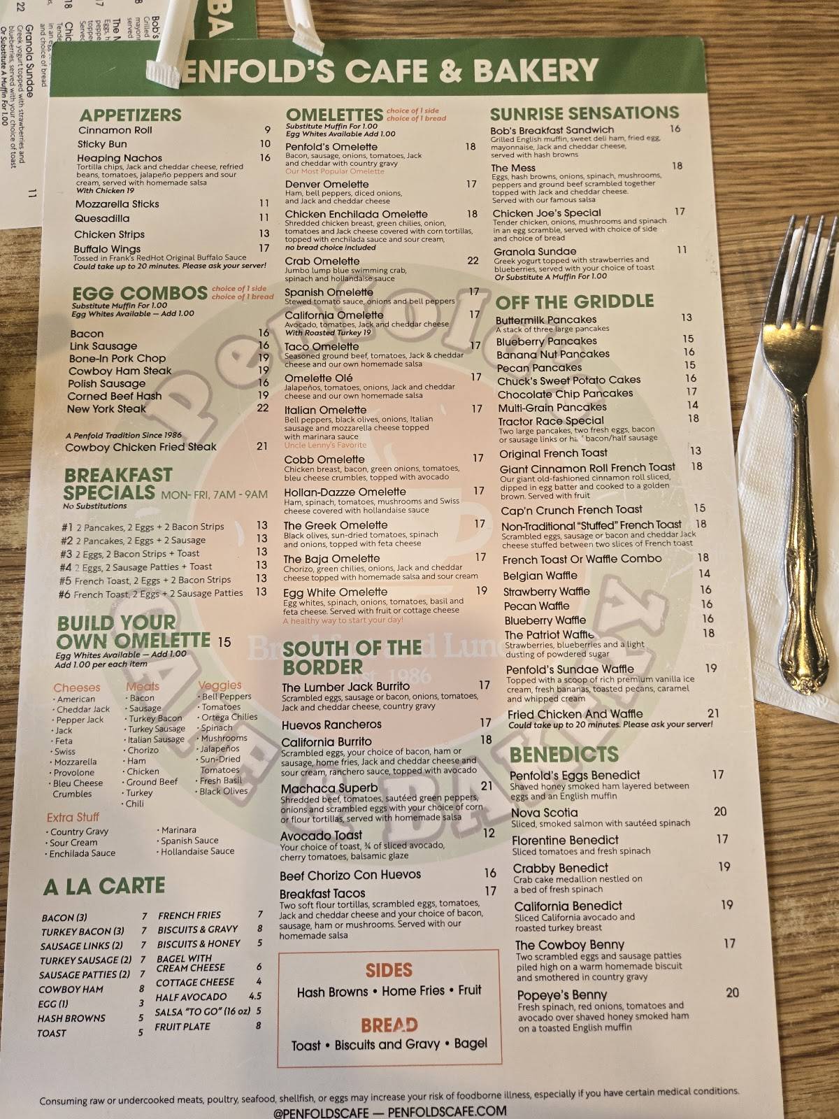 Menu at Penfold's Cafe & Bakery, Temecula