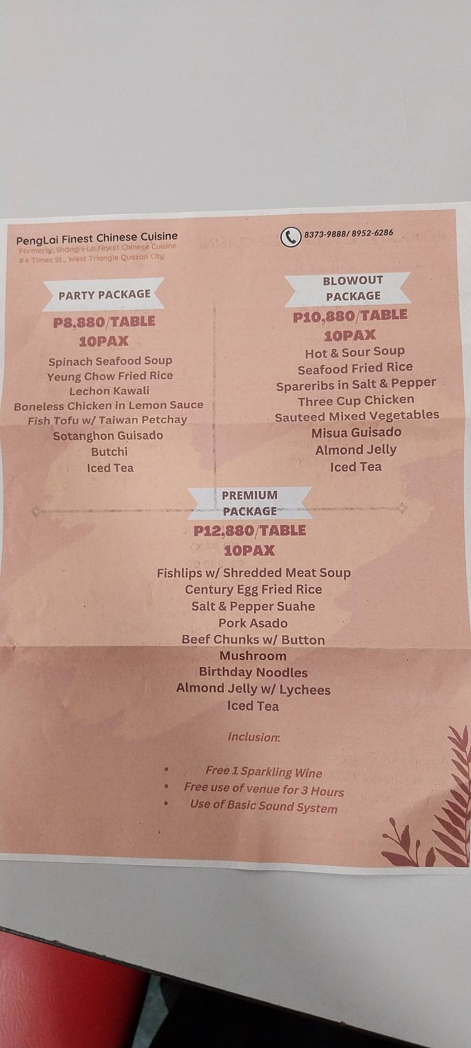Menu at Peng Lai Finest Chinese Cuisine restaurant, Quezon City