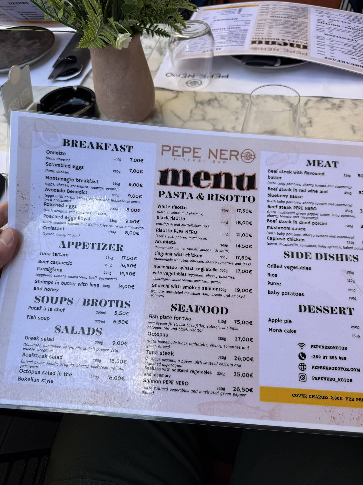Menu at Pepe Nero restaurant, Kotor